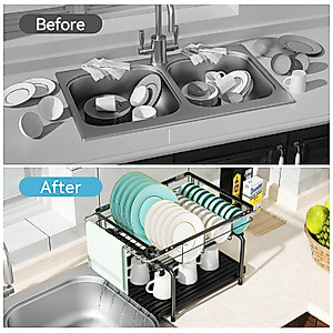 CLESOO Sink Dish Drying Rack - Rust Resistant Metal Dish Rack - Multifunctional Extendable Dish Drying Holder with Draining Mat - Drainer for Kitchen Sinks and Worktops with 4 Ways of Use