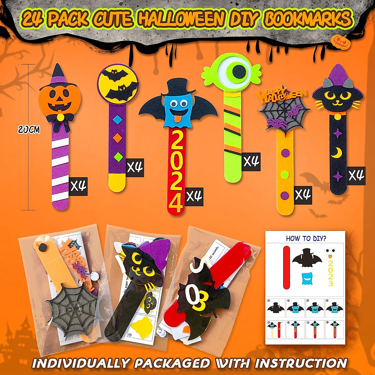 ZIRSENG 24 Piece Halloween Crafts for Kids Ages 4 8 12, Halloween DIY Bookmark Craft Bulk for Party Favors, Halloween Classroom Crafts Rewards Prizes for Students, Trick or Treat Goodie