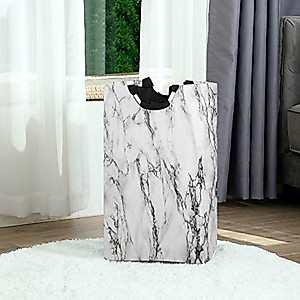 ALAZA White Marble Texture Large Laundry Basket, Collapsible Oxford Fabric Laundry Hamper, Foldable Clothes Tote Bag, Bin Storage Organizer with Handles