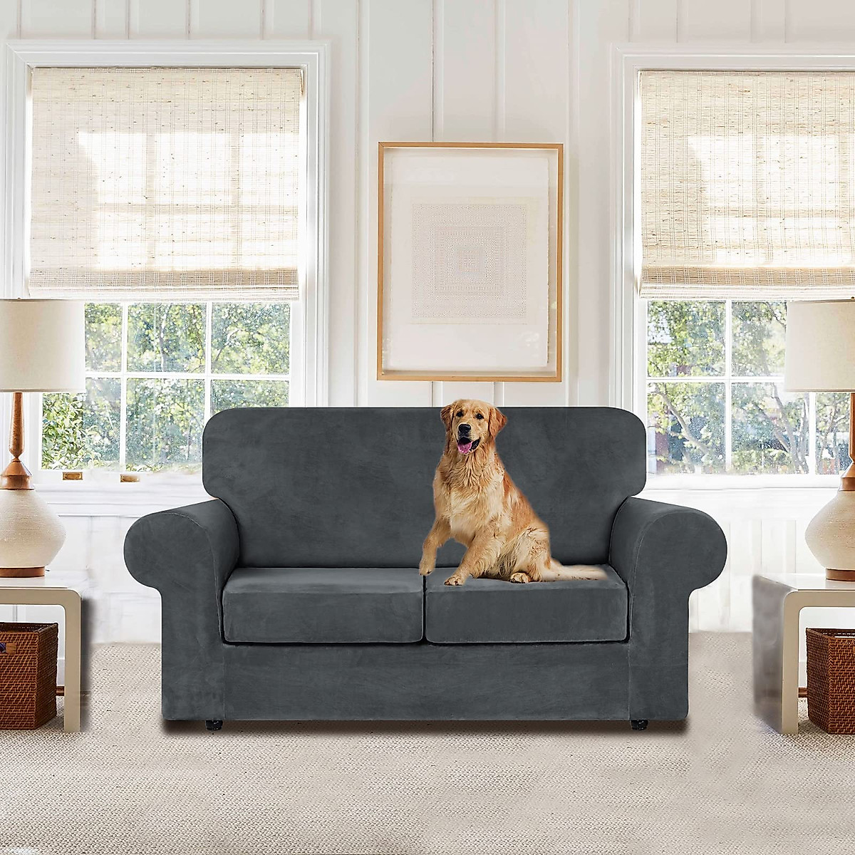 WEERRW Velvet Couch Covers for 2 Cushion Couch Sofa - High Stretch Luxury Velvet Plush 3 Pieces Sofa Slipcovers with Elastic Bottom, Furniture Protector for Pets, Machine Washable, Dark Grey, Medium