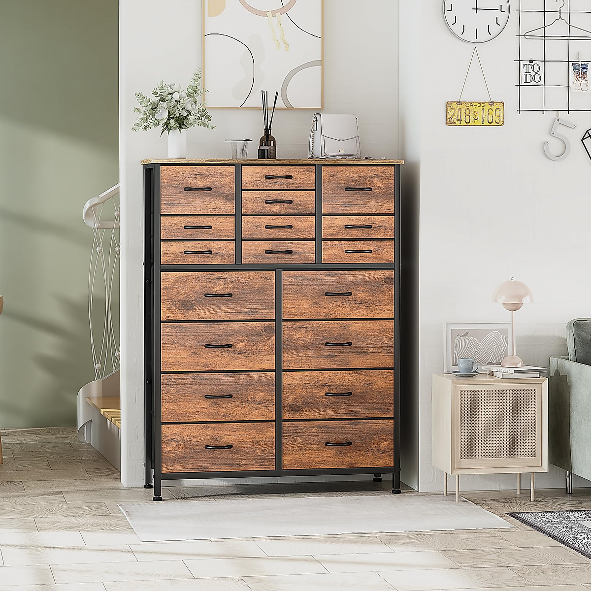 Lulive 18 Drawer Dresser, Tall Dressers for Bedroom, Large Capacity Fabric Dresser & Chest of Drawers for Hallway, Entryway, Closet, Living Room (Rustic Brown)