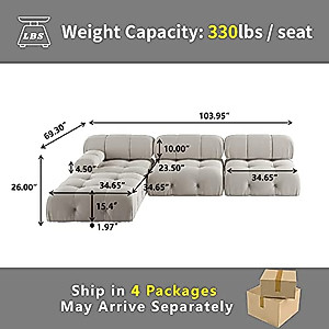 MGH Convertible Modular Minimalist Sofa with Ottomans, L-Shaped Velvet Sectional Couches, 4-Seat Sofa with Reversible Chaise for Living Room (Beige)