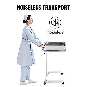 VEVOR Lab Cart Stainless Steel Mayo Tray Stand 18x14 Inch Trolley Mayo Stand Adjustable Height 32-51 Inch Instrument Tray with Removable Tray & 4 Omnidirectional Wheels for Home Equipment Personal Car