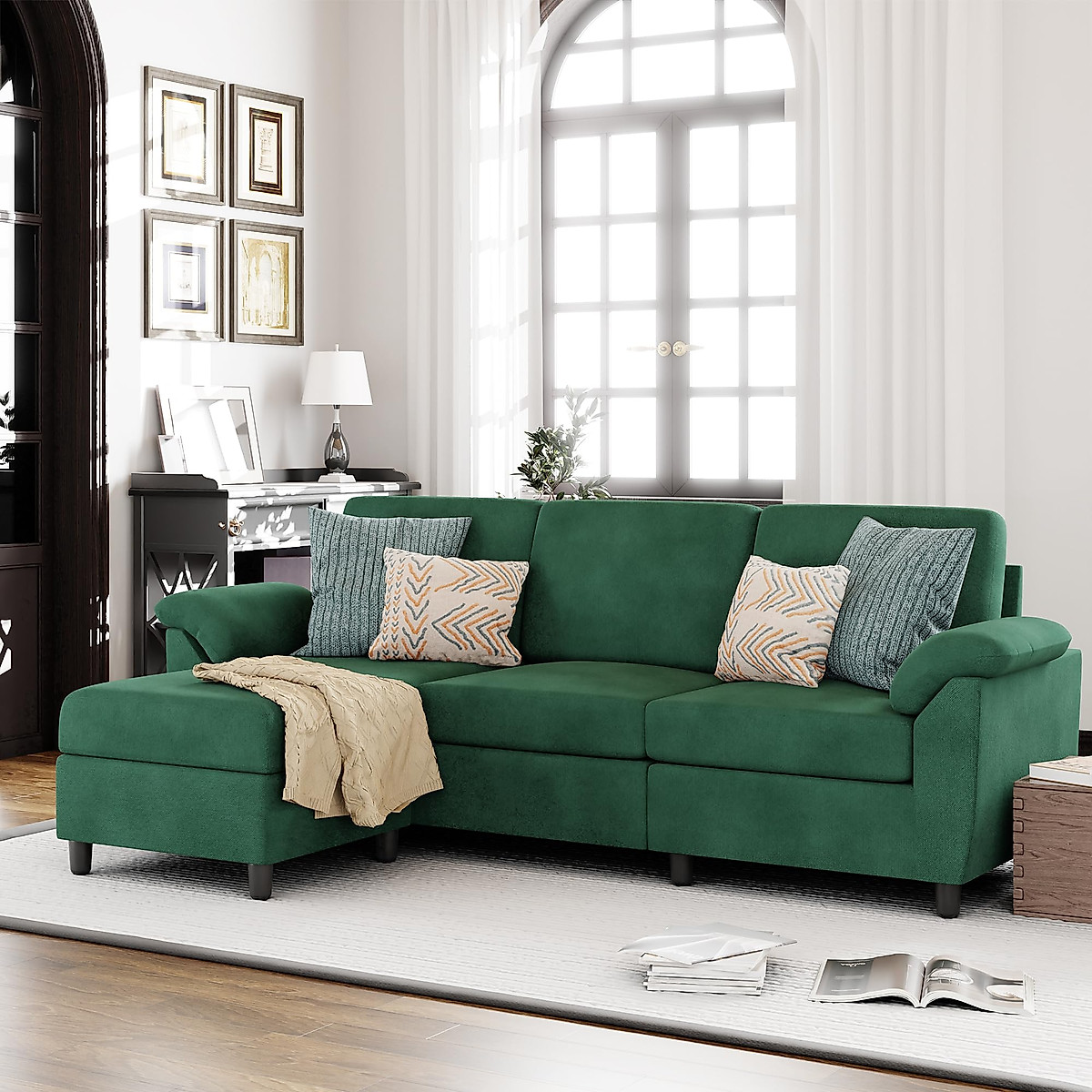 Vongrasig 79" Convertible Sectional Sofa Couch, 3 Seat L Shaped Sofa with Removable Pillows Linen Fabric Small Couch Mid Century for Living Room, Apartment and Office, Green