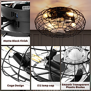 NookNova Ceiling Fan with Lights, 16 Inch Caged Ceiling Fan Lights Remote Control Small Industrial Ceiling Fan Light Fixture Flush Mount Farmhouse Light 6 Speeds Bladeless Lights for Bedroom Kitchen