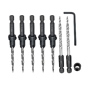 SeonFook Countersink Drill Bit Set 5PCS 11/64" Wood Countersink Drill Bit with 2PCS Extra Tapered Drill Bit, 1 Stop Collar, 1 Hex Wrench, Countersink Drill Bit for Woodworking
