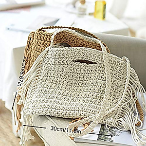 Nice Pies Solid Color Tassel Summer Beach Bag Tote Braided Handbag Women Weave Grass Bag for Travel Everyday Use
