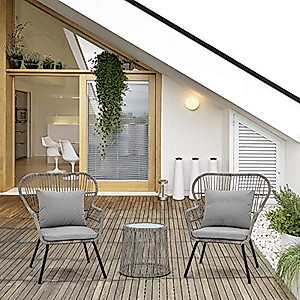 Barton 3 Pieces Bistro Chair Set w/Glass Table Grey Outdoor Patio Furniture Wicker Rattan Modern Conversation Chat Seating