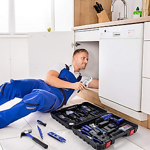 112 Piece Power Tool Combo Kits with 21V Cordless Drill, Professional Household Home Tool Kit Set with DIY Hand Tool Kits for Garden Office House Repair Maintain-Blue