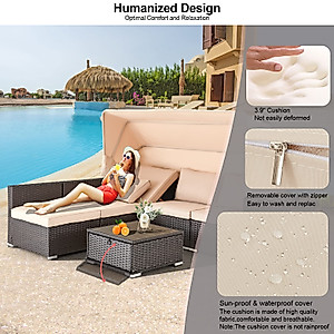 HOMREST 6 Pieces Patio Furniture Sets, Rattan Daybed with Retractable Canopy, Outdoor Sectional Sofa Set with Adjustable Backrest, Chaise Chair Sunbed for Garden Poolside Backyard (Khaki)