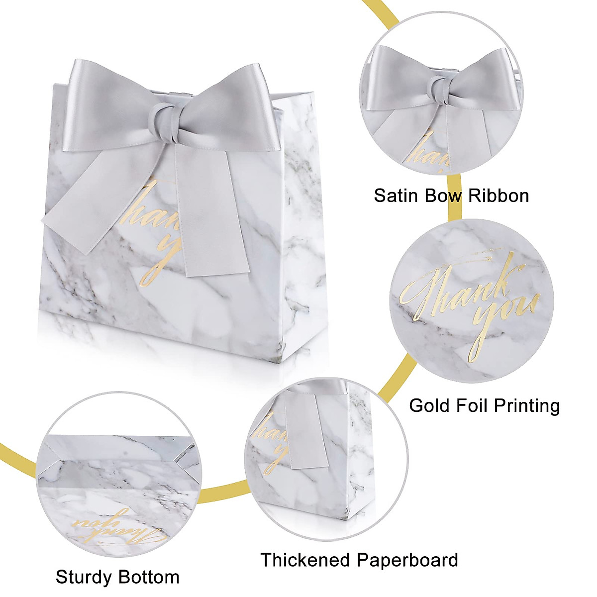 SHAIDOJIO 𝟐𝟒 𝐏𝐜𝐬 Small Thank You Gift Bags, Party Favor Bag Treat Box with Bow Ribbon, Marble Pattern Mini Paper Gift Bags Bulk for Wedding, Birthday, Bridal Shower, Baby Shower (4.5x1.8x4 Inch)