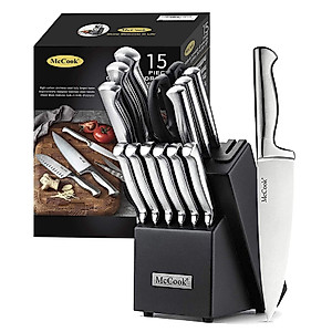 MC21 15 Pieces German Stainless Steel Knife Sets with Built-in Sharpener + MCW11 Bamboo Cutting Boards Set of 4 (Large, 17”11.4”0.8”)