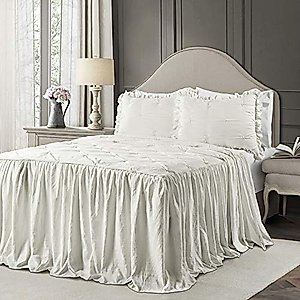 Lush Decor Ravello Pintuck Ruffle Skirt Bedspread Vintage Chic Farmhouse Style Lightweight 3 Piece Set, Queen, White