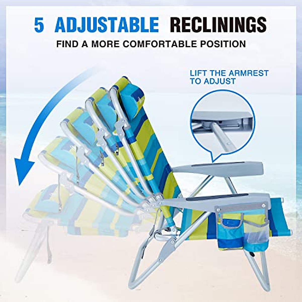 MOON LENCE Folding Beach Chair with 5 Positions High Recliner Chair Lightweight Portable Folding Chair with Towel bar for Camp,Outdoor,Travel