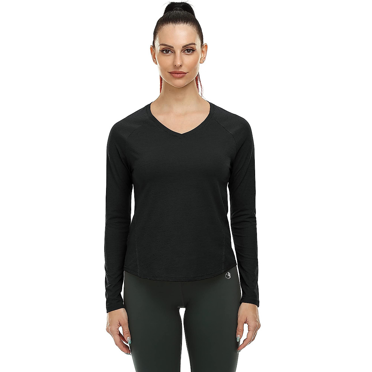 icyzone V-Neck Long Sleeve Workout Shirts for Women, Quick Dry Fitness Athletic Running Yoga Tops (Black, S)