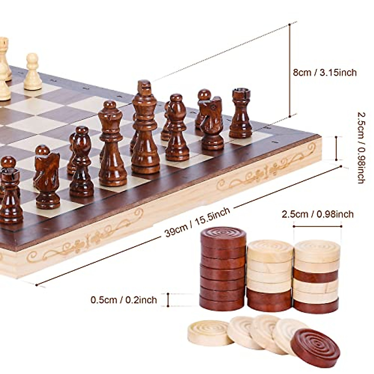 Syrace Chess & Draughts Set Checkers Board Games, Wooden Foldable Hand Crafted Portable Travel Chess Board Game Sets with Game Pieces & Storage Slots Large Size 15.74"