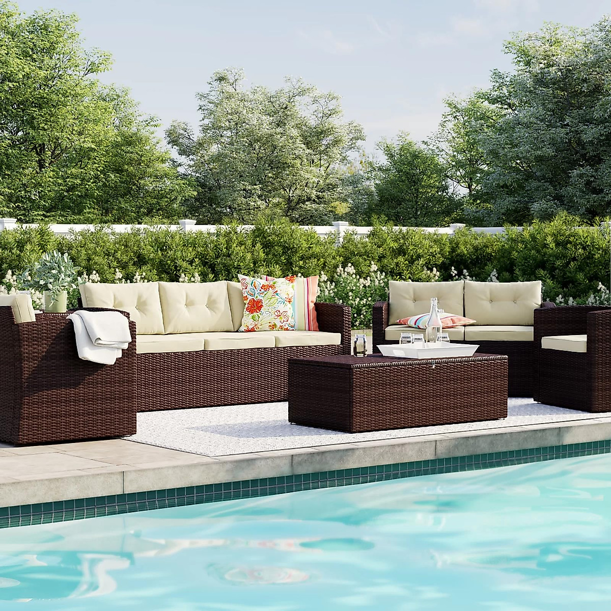 Thy-Hom Rio 5 Piece Outdoor Patio Furniture Sets, Patio Furniture Outdoor Sectional Sofa, All Weather Woven Wicker Patio Sofa Brown PE Rattan Patio Conversation Set w/Cushion and Table