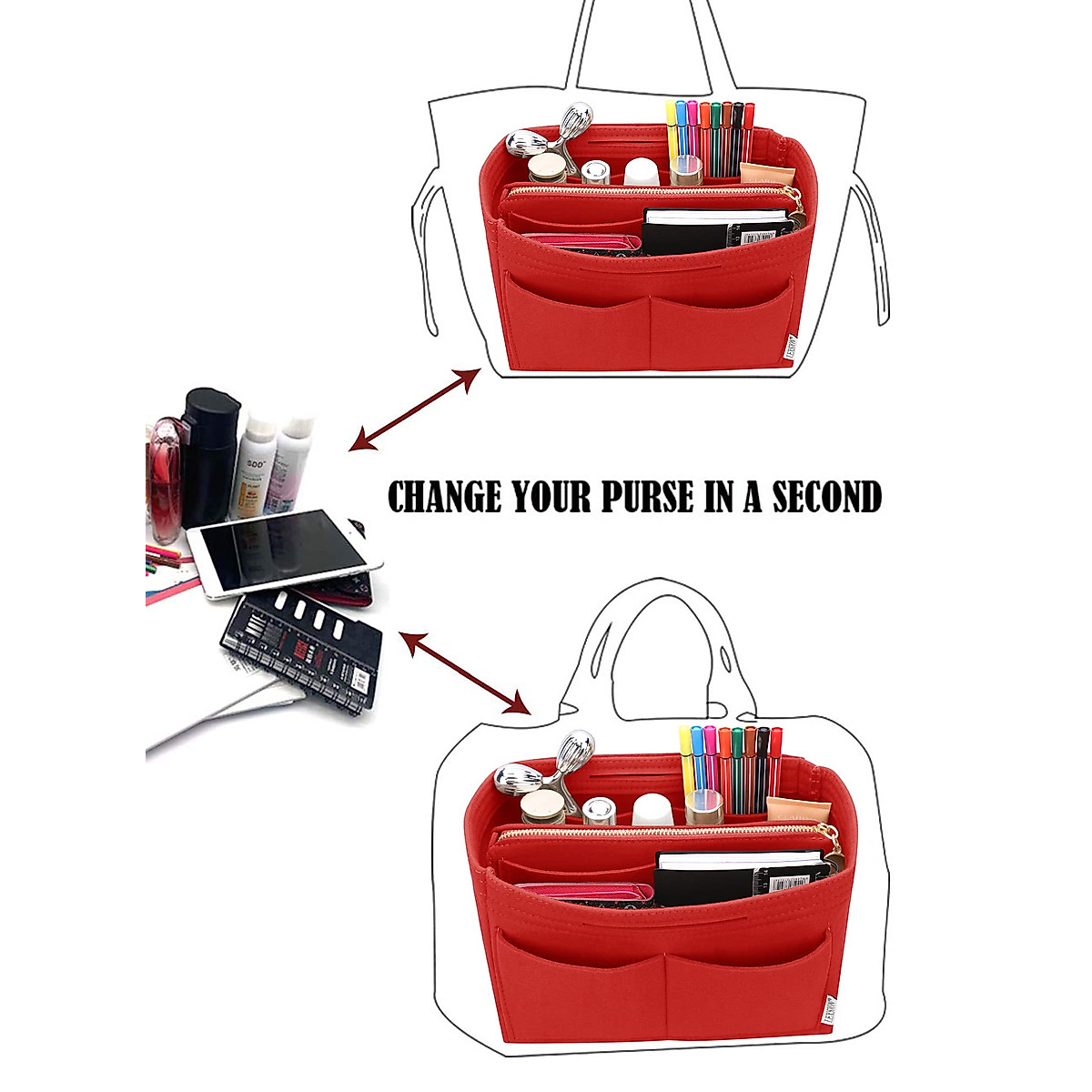 LEXSION Felt Purse Bag Organizer Insert with zipper Bag Tote Shaper Fit Speedy Neverful PM MM 8021 Red M