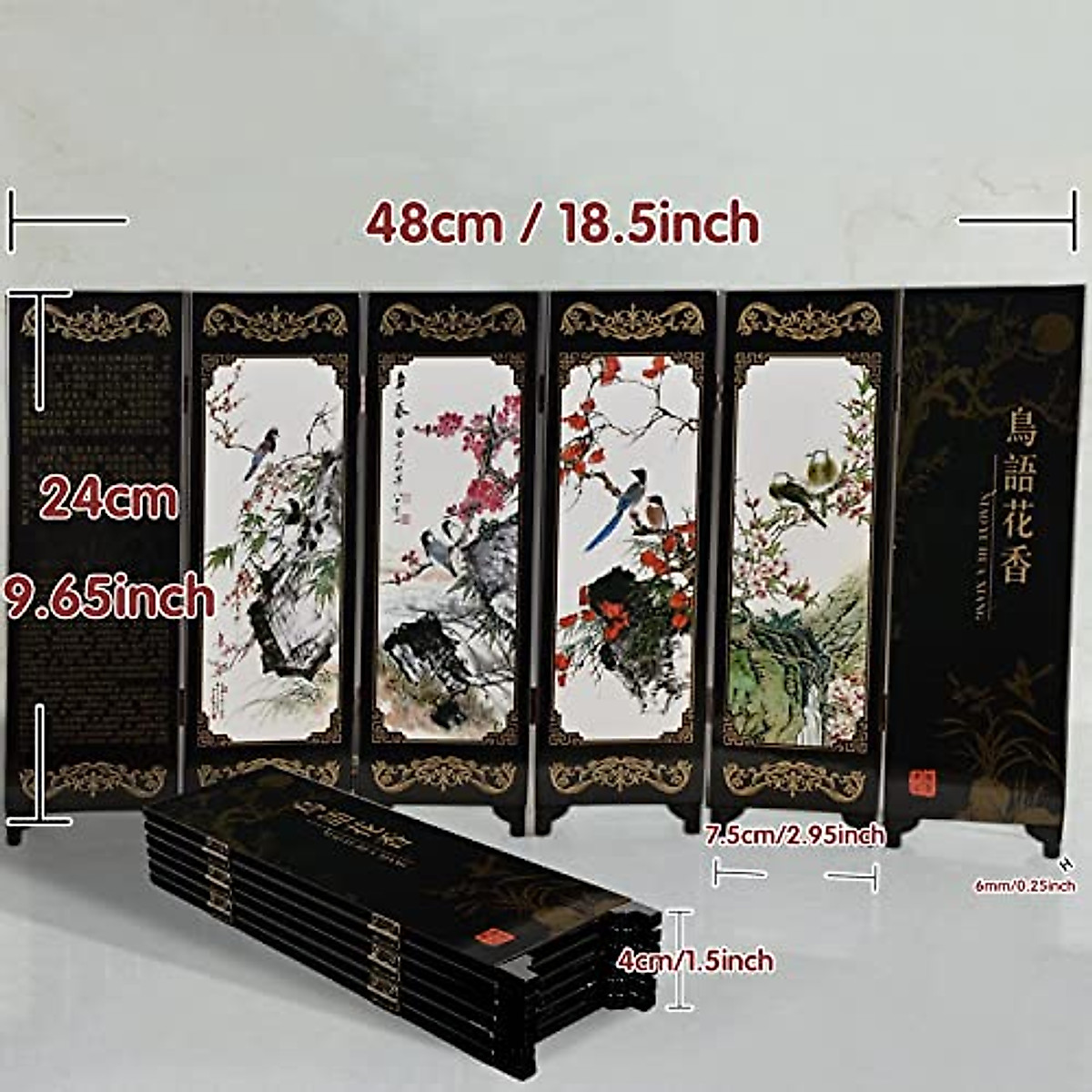 Bantlou Mini Folding Screen Small Chinese dividers Japanese Decor Folding Screen Desktop Asian Decoration Gift for Home Office New Year 18.5‘’×9.5’’(Bird and Flowers)