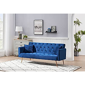 Eafurn Comfy Velvet Upholstered Futon Foldable Daybed Bed for Sleep Overs, Convertible Sleeper Loveseat with 2 Pillows, 71" Tufted Sofa & Couches with Golden Metal Legs for Compact Living Space, Blue