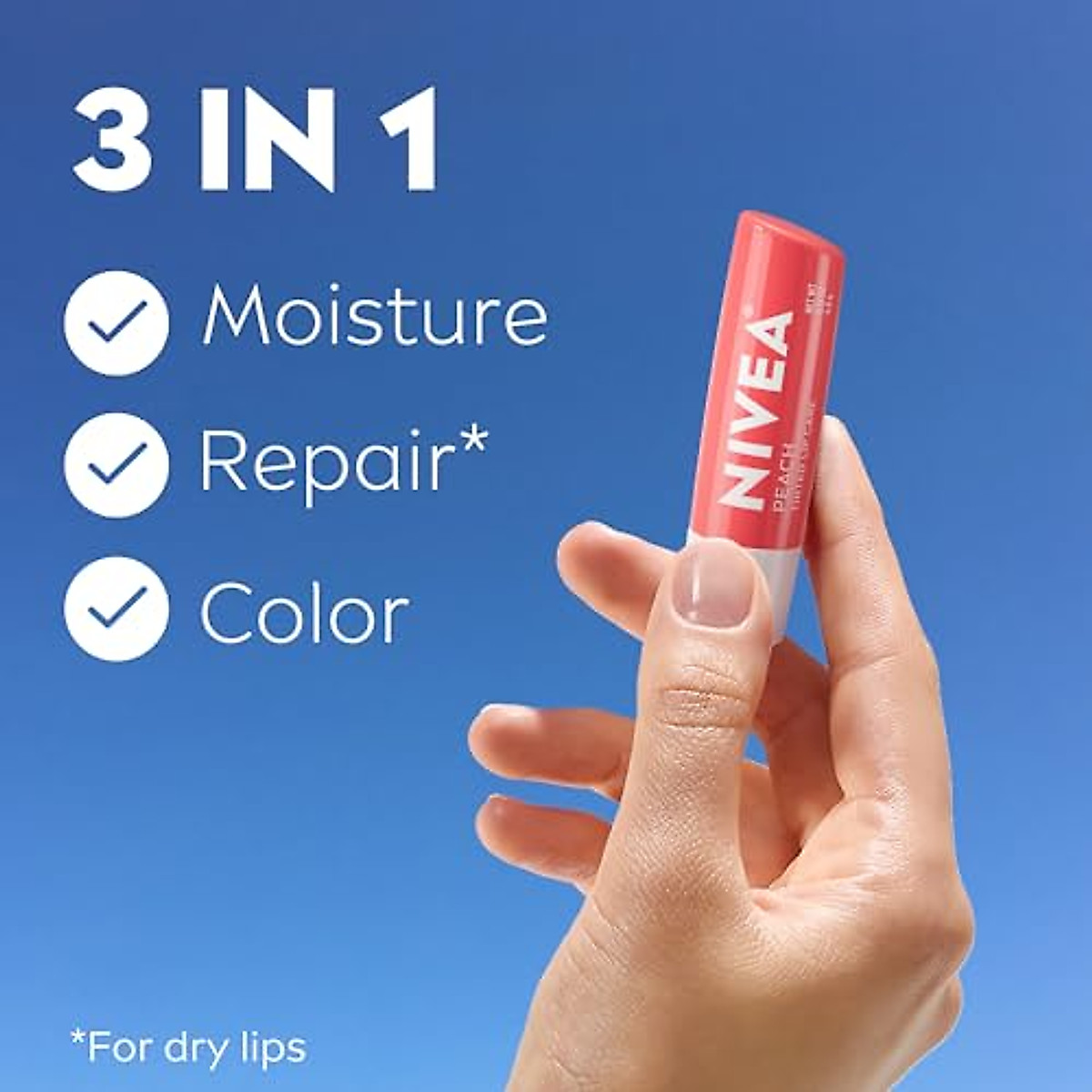 NIVEA Peach Lip Care, Tinted Lip Balm Pack with Shea Butter, Nourishing Oils and Vitamin C & E, 3-in-1 Moisture, Repair and Color, 0.17 Oz Stick, Pack of 4