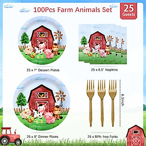 Lopeastar 100Pcs Farm Birthday Decorations Plates Set for 25 Guests, Barnyard Animal Plates Napkins and Forks Baby Shower Party Supplies