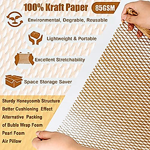 Honeycomb Packing Paper, 15" x 180' Recyclable Cushion Packing Paper for Moving Shipping Packaging Breakables, Eco Friendly Bubble Wrap Alternative Roll Kraft Honeycomb Paper with 20 Fragile Stickers