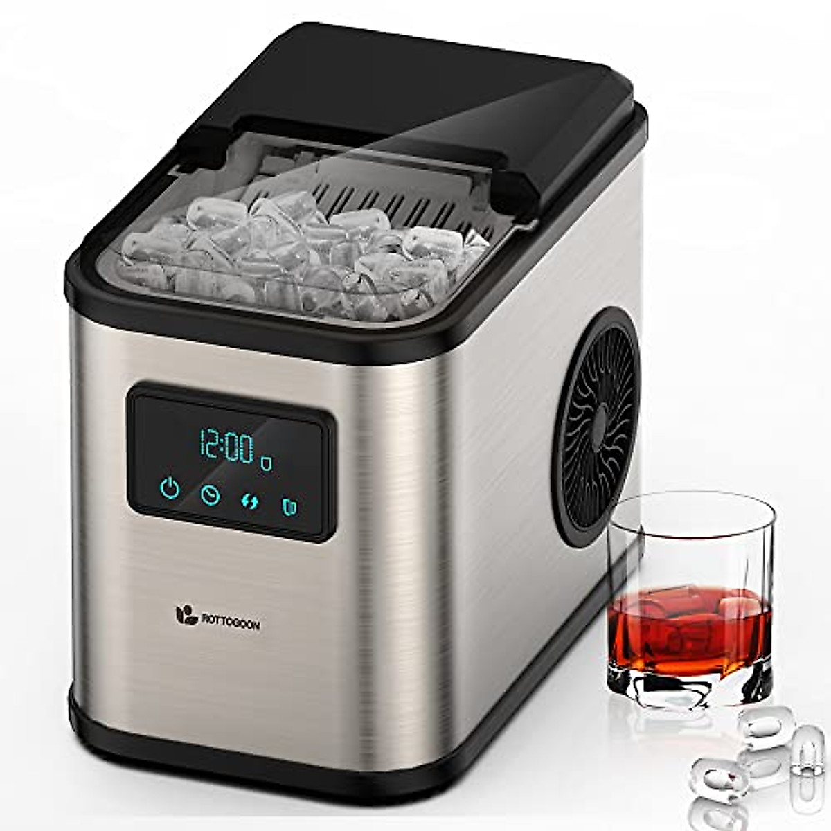 Ice Maker Countertop, Portable Ice Maker Machine, 28lbs/24Hrs, 6 Mins/9 Pcs Bullet Ice, Mini Ice Maker with Self Cleaning, Time Reservation Function, LED Display, Include Scoop & Basket, Stainless