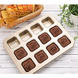 Webake Brownie Cake Pan, 12-Cavity Non-Stick Square Muffin Pan 1.6 Inch Deep Brownie Mold Small Cake Pan Bakeware for Oven Baking (Champagne Gold)