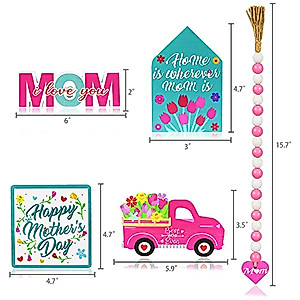 5 PCS Mother's Day Tiered Tray Decor (Tray Not Included) - Happy Mother's Day Mini Wood Sign, Wooden Heart Bead Garland - Mother's Day Party Decor, Mother’s Birthday Party Decorations