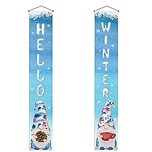 Pudodo Hello Winter Gnome Porch Banner Swedish Elf Snow Christmas Xmas Holiday Front Door Sign Wall Hanging Party Decoration