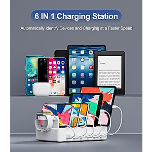 Honcila Charging Station for Multiple Devices, 6 Port 50W Fast Multi Charger Station Charging Dock with 6 Mixed Charging Cables for iPhone, iPad, Kindle, Tablet, Cellphone and Others
