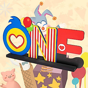 C1krint Plim Plim ONE Letter Sign Wooden Table Centerpiece, Circus Clown Plim Plim Theme First Birthday Party Decoration Supplies for One Year Old Baby Shower 1st Birthday Ornaments Photo Props