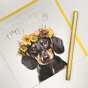 Old English Co. Daschund Dog Very Happy Birthday Card for Her - Cute Daschund Floral Birthday Card for Women - Cute Birthday Cards for Sister, Mum, Daughter, Friend | Blank Inside with Envelope…