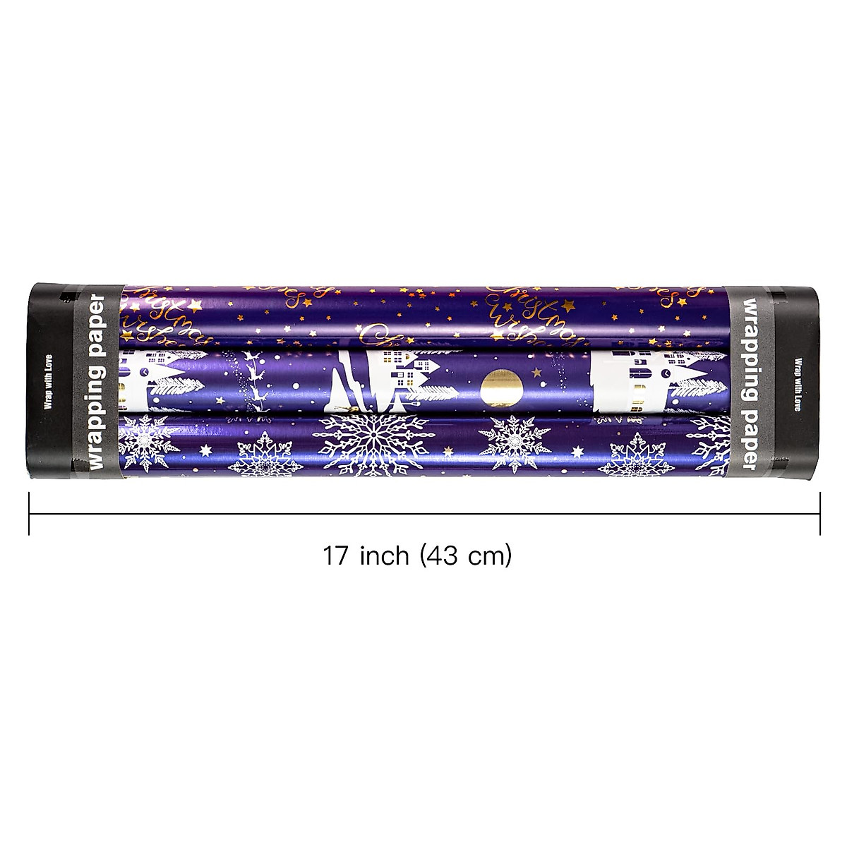 WRAPAHOLIC Christmas Wrapping Paper Roll - Mini Roll - 3 Rolls - 17 Inch x 120 Inch Per Roll - Dark Blue House, Reindeer, Snowflake Holiday Collection with Metallic Foil Shine