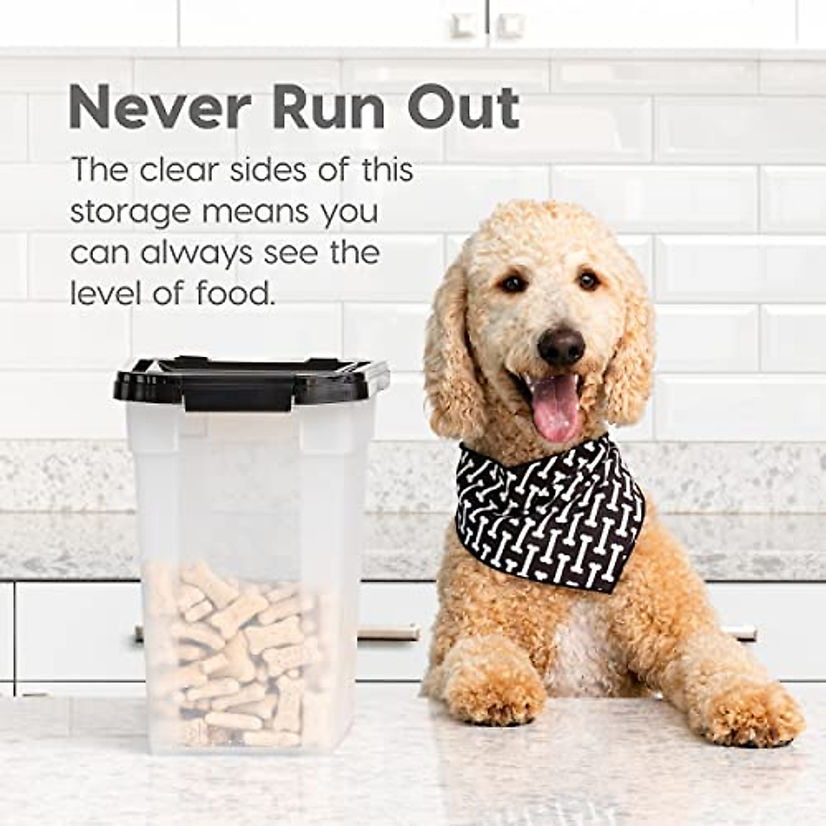 IRIS USA 10 Lbs / 12.75 Qt WeatherPro Airtight Pet Food Storage Container, for Dog Cat Bird and Other Pet Food Storage Bin, Keep Pests Out, Keep Fresh, Translucent Body, BPA Free, Clear/Black