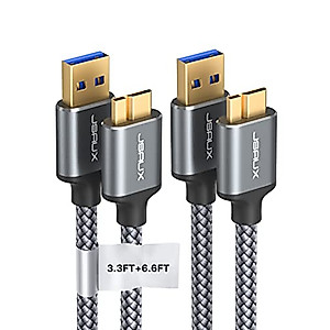 JSAUX [3.3FT+6.6FT] Micro USB 3.0 Cable, USB A Male to Micro B Cable 2 Pack External Hard Drive Cable Nylon Braided Cord for Samsung S5/Note 3, Camera, Toshiba, Seagate Hard Drive, WD Hard Drive-Grey