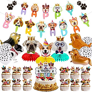39 Pcs Dog Birthday Decorations Dog Birthday Party Supplies Puppy Party Favors, 2 Pcs Happy Birthday Banner 3 Pcs Birthday Honeycombs 9 Pcs Dog Balloons and 25 Pcs Cupcake Toppers for Kid Dog Lover