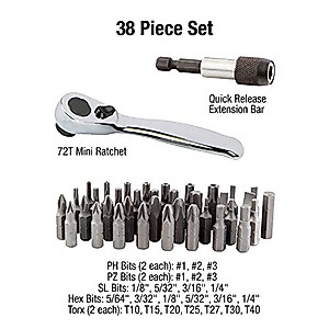 Sunex 9726 Mini Ratchet and Bit Set, 1/8-Inch - 1/4-Inch S2 Bits, 5/64-Inch - 1/4-Inch hex bits, 38-Piece Silver