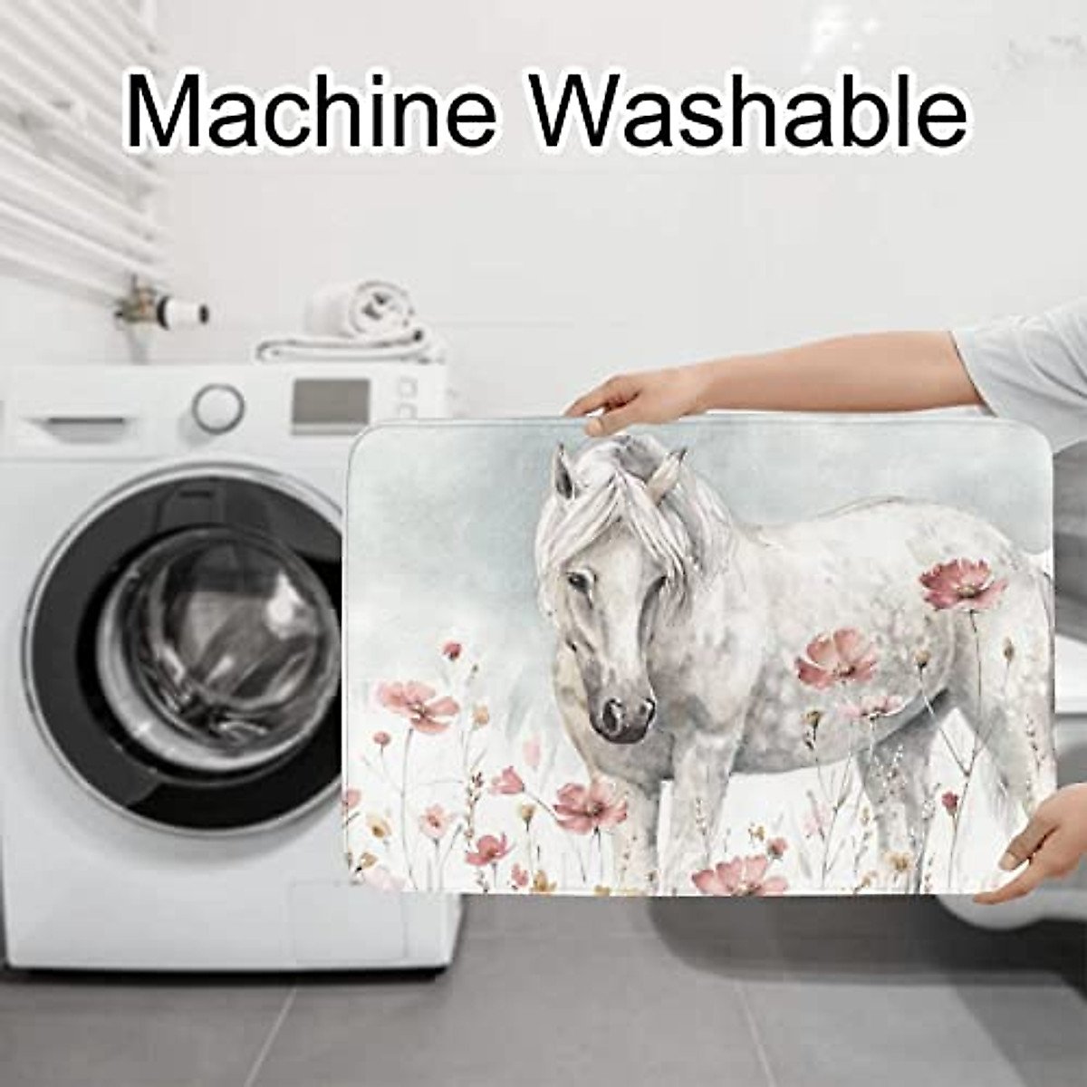 ELBULL Horse Surrounded by Flowers Print Flannel Anti Slip Mat 3 Pieces/Set Super Soft Non Slip Rugs Super Absorbent Bathroom