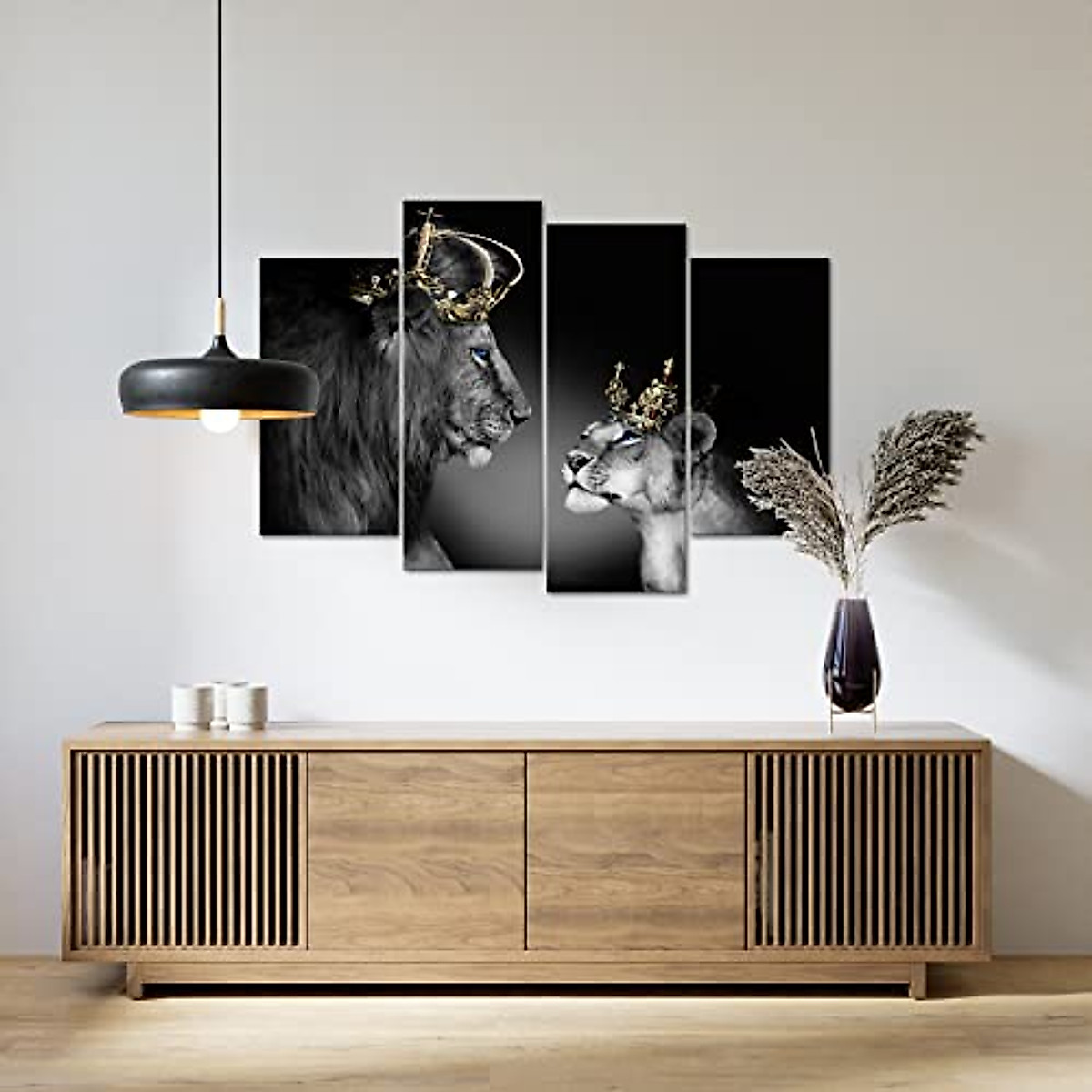 Large 4 Panel Wall Decor The Lion King and Queen with Crown Wall Art African Wild Animals Canvas Prints Pictures Black and White Modern Giclee Framed Artwork for Bedroom Bathroom Master Room Ready to Hang 48x33inch