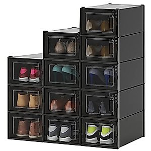 mupera Black Shoe Storage Box - 12 Pack Upgrade X-Large Stackable Plastic Shoe Organizers Boxes, Clear Shoe Storage Bin with Lid, Foldable Shoe Container Box for Sneaker Display, Fit up to US Size 14