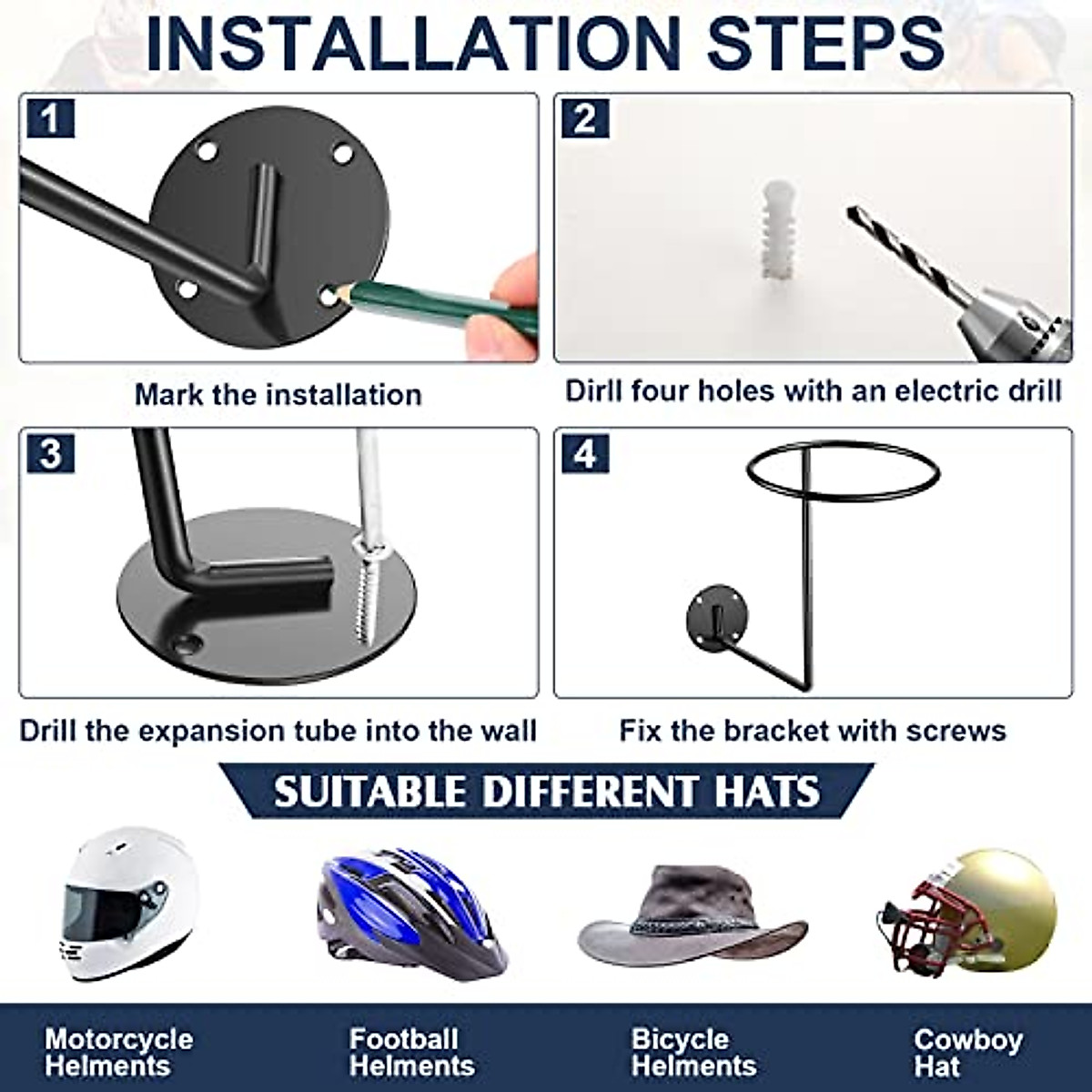 Potchen 6 Pack Helmet Holder Stand Display Rack Metal Helmet Hanger Wall Mount Decor Wall Mounted Hook Motorcycle Accessories for Jacket Coat Hat, Ball Back for Basketball Football Volleyball