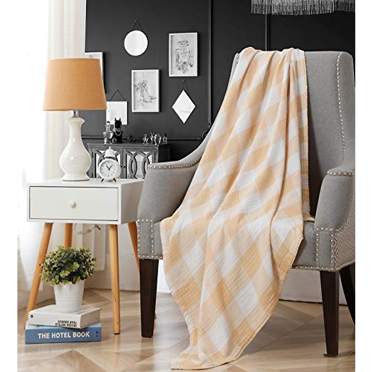 MoreverSparn 70% Bamboo 30% Cotton Muslin Throw Blanket, Buffalo Check Pattern, Soft and Breathable Gauze, Khaki Gingham Bedding