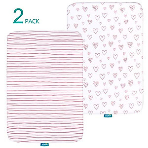 Pack n Play Playard Mattress Sheets 2 Pack, 100% Jersey Cotton Stretchy Portable Mini Crib Sheets or Playpen Sheets, Ultra Soft Breathable Pack n Play Mattress Cover for Baby