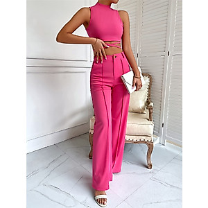 MakeMeChic Women's 2 Piece Outfits Mock Neck Criss Cross Crop Tank Top and Wide Leg Pants Set Hot Pink L