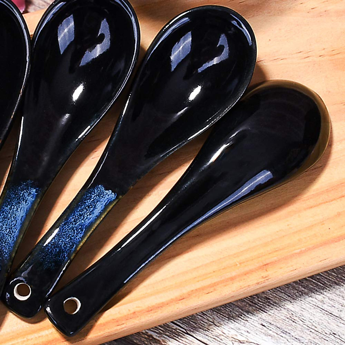 Japanese Soup Spoon set of 5, Blue and Black Vintage Spoon for Oat Wonton Salad Ramen Noodle Udon