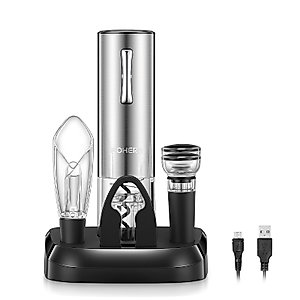 FOHERE Electric Wine Opener, Automatic Electric Wine Bottle Corkscrew Opener with Foil Cutter, Wine Aerator Pourer, Vacuum Stopper, and Charging Base, Rechargeable (Stainless Steel)