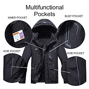 Pooluly Men's Ski Jacket Warm Winter Waterproof Windbreaker Hooded Raincoat Snowboarding Jackets Black-XL