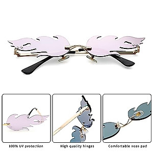 Rimless Fire Flame Sunglasses for Women Trendy Party Halloween Sun Glasses Fire Shape Shades(A1-King Kong Barbie Powder)